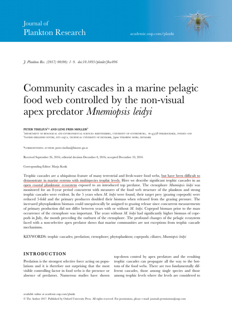 2 Tiselius and Moller JPR 2017 Community Cascades Caused by Ctenophore ...