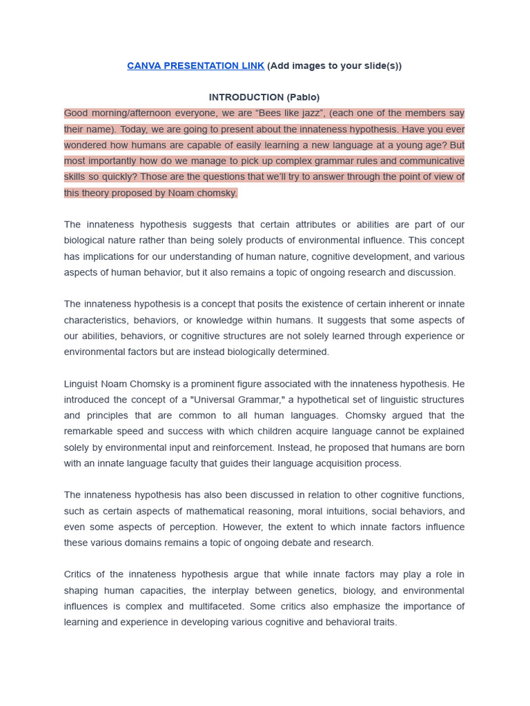 Innateness Hypothesis 01 - 09 - 23 | PDF | Language Acquisition | Grammar