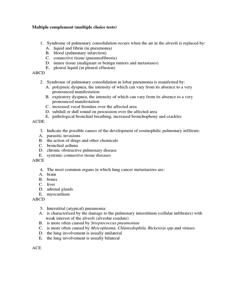 Multiple Complement (Multiple Choice Tests) | PDF | Pneumonia ...
