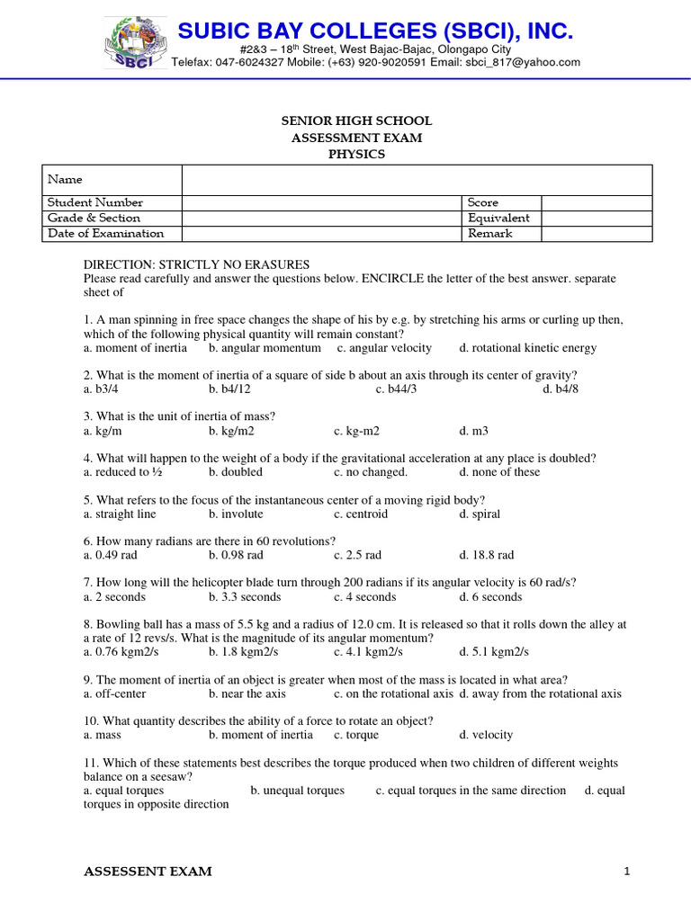 Physics Assesment | PDF | Rotation Around A Fixed Axis | Torque