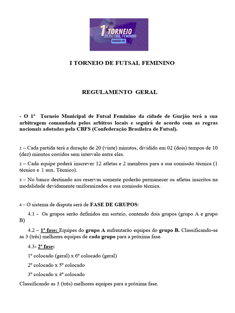 Regulamento Do I Torneio de Futsal Feminino - Gurjão PB | PDF | Concorrência