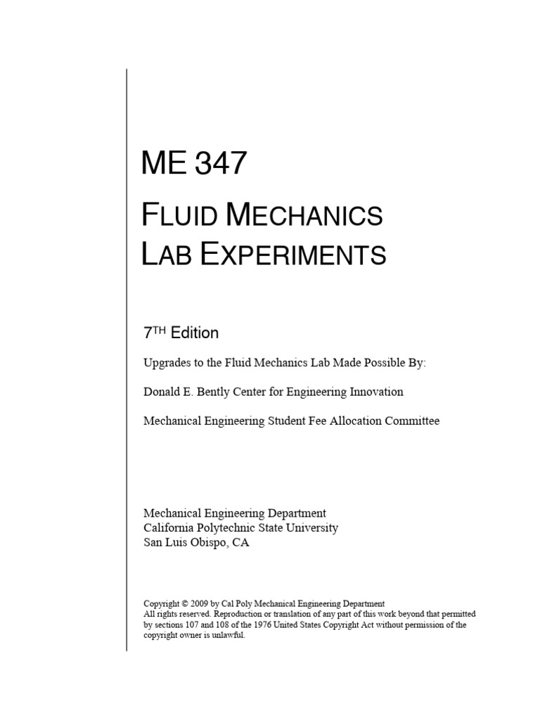 ME 347 Fluid Mechanics Lab Experiments 7th Edition | PDF | Fluid Dynamics | Pressure