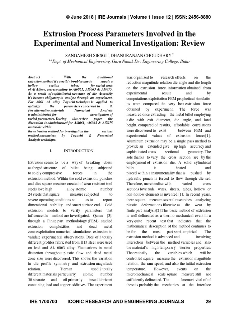 Extrusion Process Parameters Involved in The Experimental and Numerical Investigation: Review ...