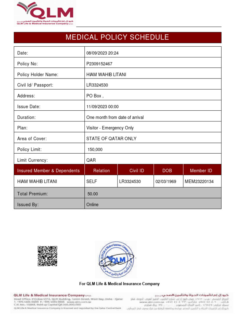 QLM Medical Insurance Policy Schedule | PDF | Law