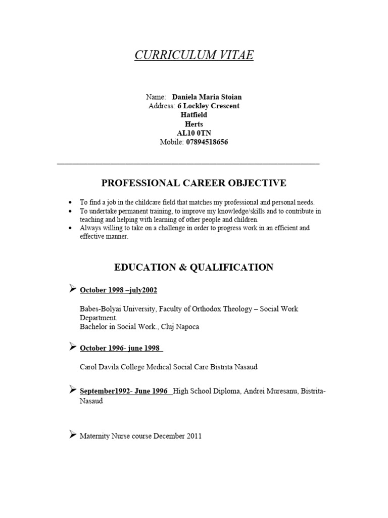 Curriculum Vitae Daniela | PDF | Nanny | Social Work