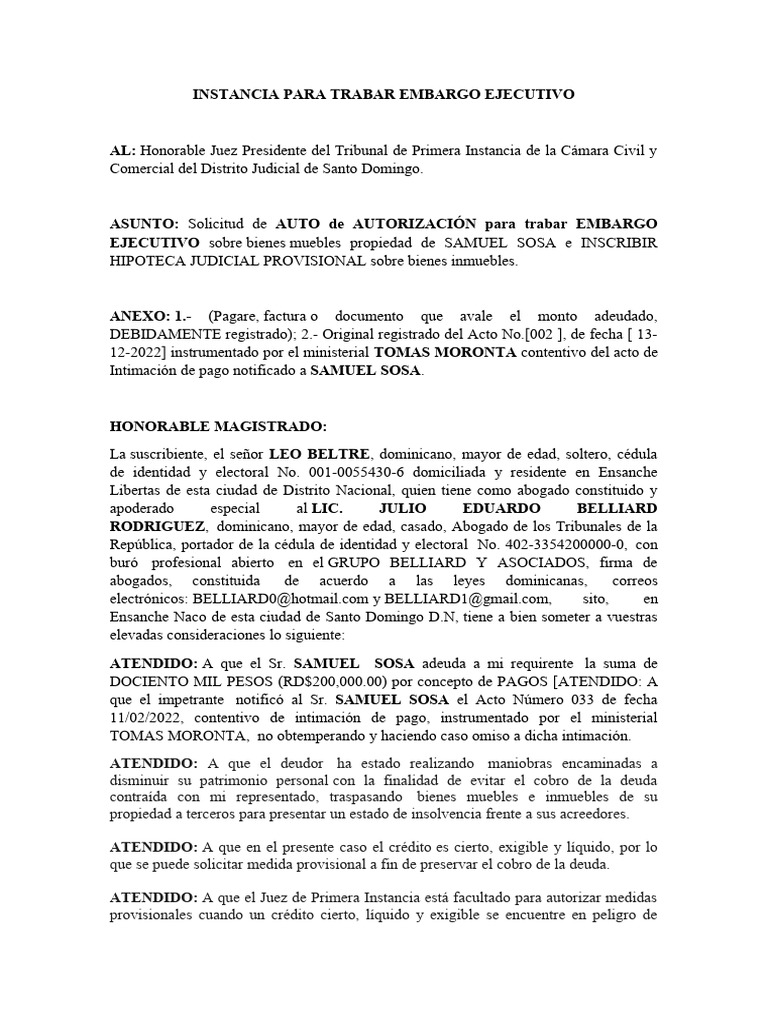 Instancia para Trabar Embargo Conservatorio | PDF | República ...