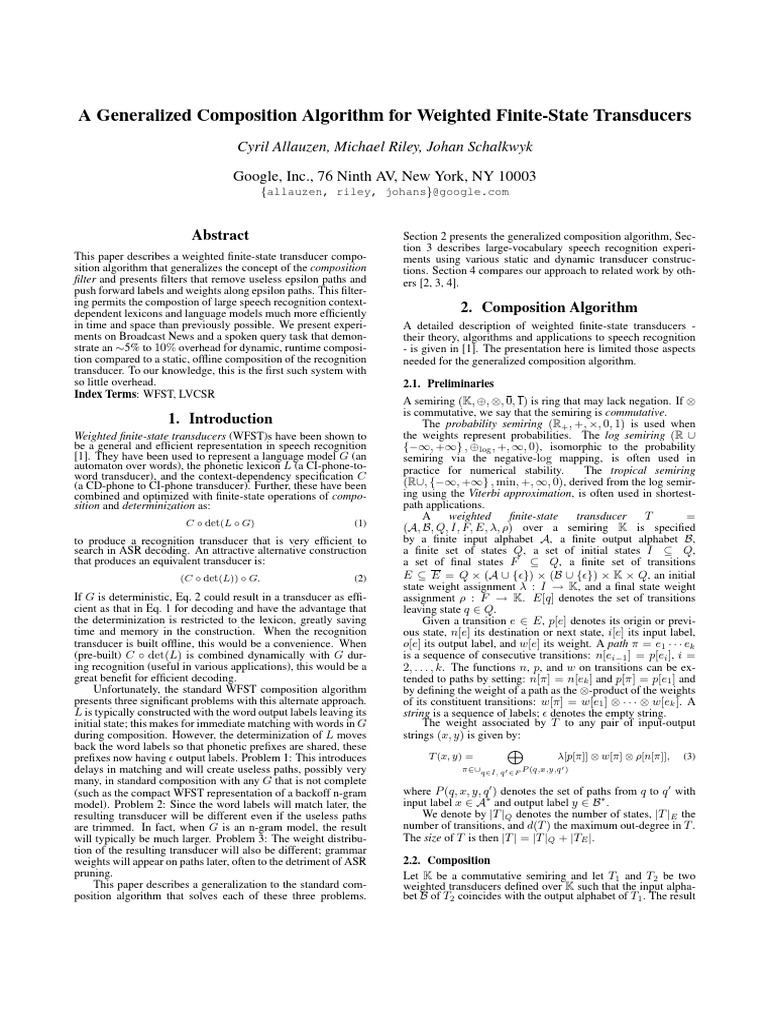 A Generalized Composition Algorithm For Weighted Finite-State Transducers | PDF | Applied ...