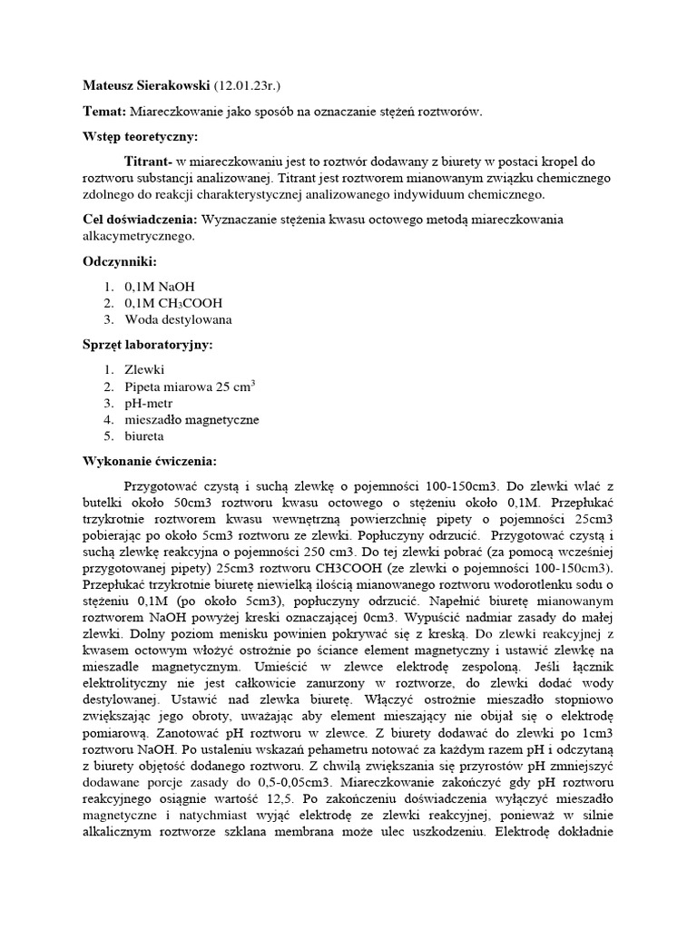 Miareczkowanie Kwasu Octowego | PDF