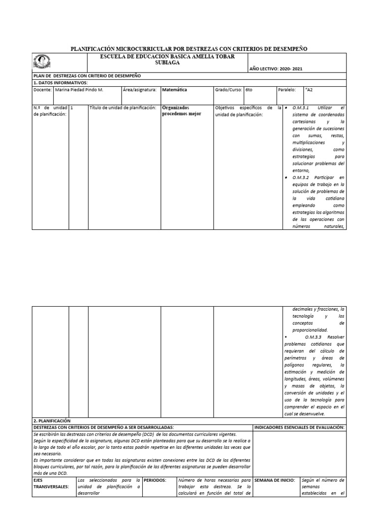 Planificación Microcurricular Por Destrezas Con Criterios de Desempeño ... Planificación Microcurricular Por Destrezas Con Criterios de Desempeño ...