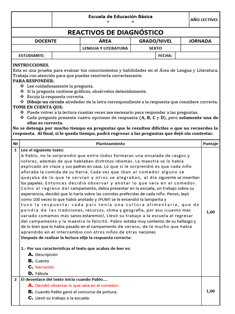 Prueba Diagnostica-6°grado-2020 | PDF | Educación primaria