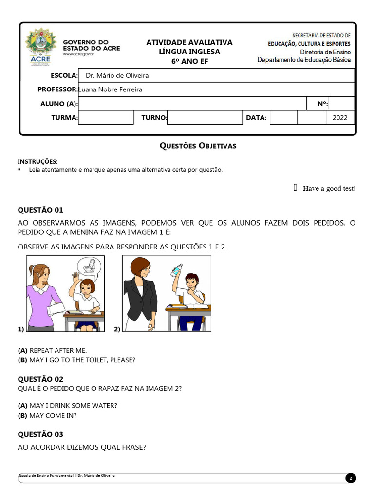 Prova 6º Ano 1ºbim 2022 Adaptada Pdf 8934