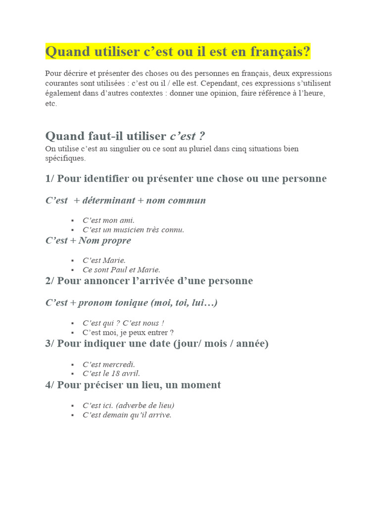 Quand Utiliser C'est Il Est Cours | PDF | Nombre grammatical | Morphologie