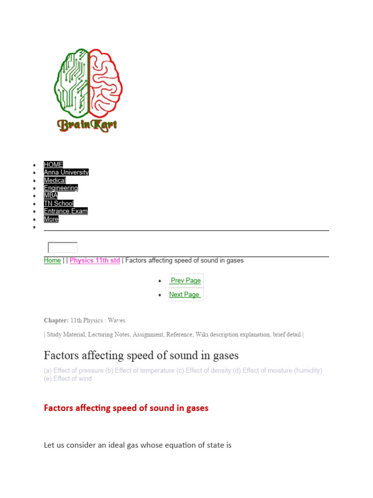 Factors Affecting Speed of Sound in Gases | PDF | Waves | Gases
