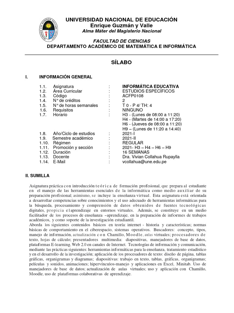 Silabo de Informática Educativa | PDF | Microsoft Excel | Evaluación