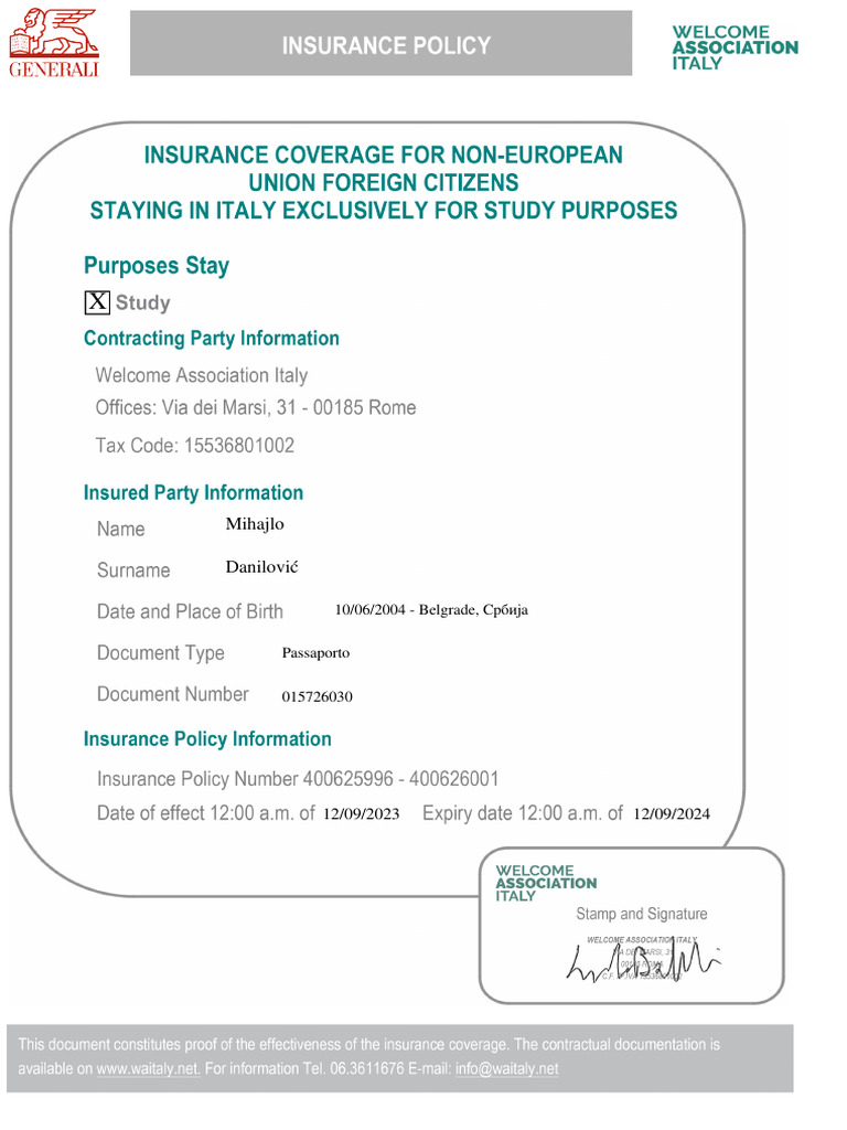 Certificate of Insurance RSM Assistance non-EU Foreign Citizens Staying ...