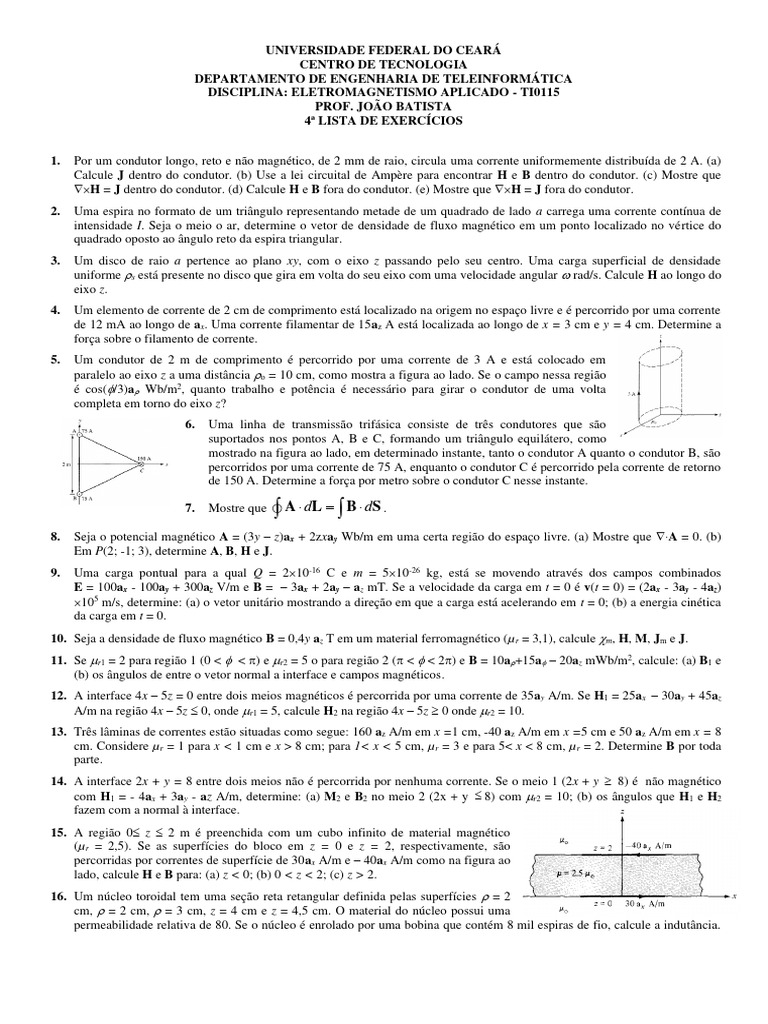 Lista Eletromag Aplicado 4 | PDF | Corrente elétrica | Magnetismo