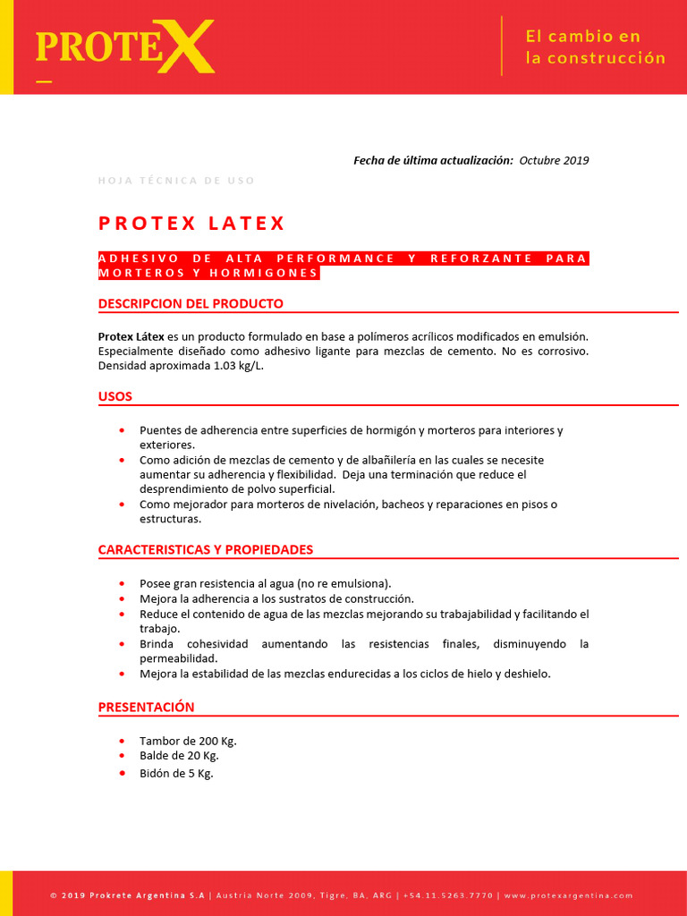 Protex Latex Ficha Técnica | PDF | Hormigón | Agua