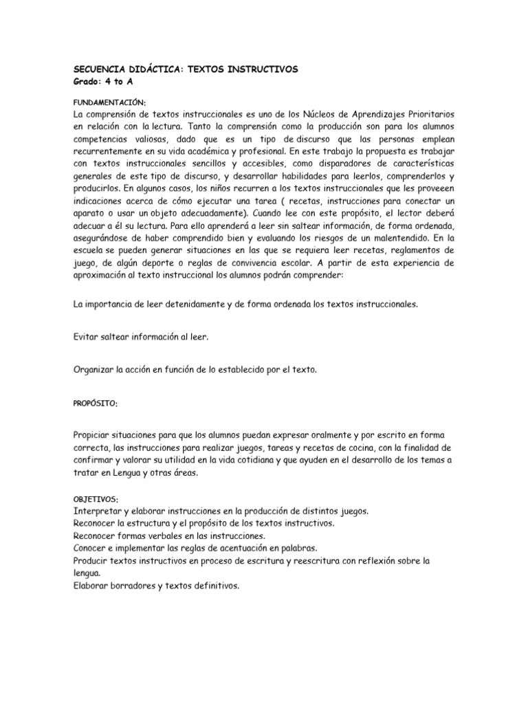 Secuencia Didáctica Textos Instructivos - 4 A | PDF | Verbo | Lingüística
