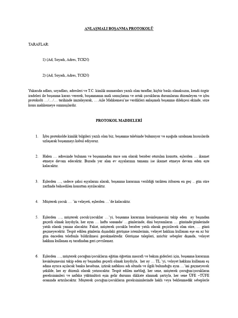Anlaşmali Bosanma Protokolu Ornek | PDF