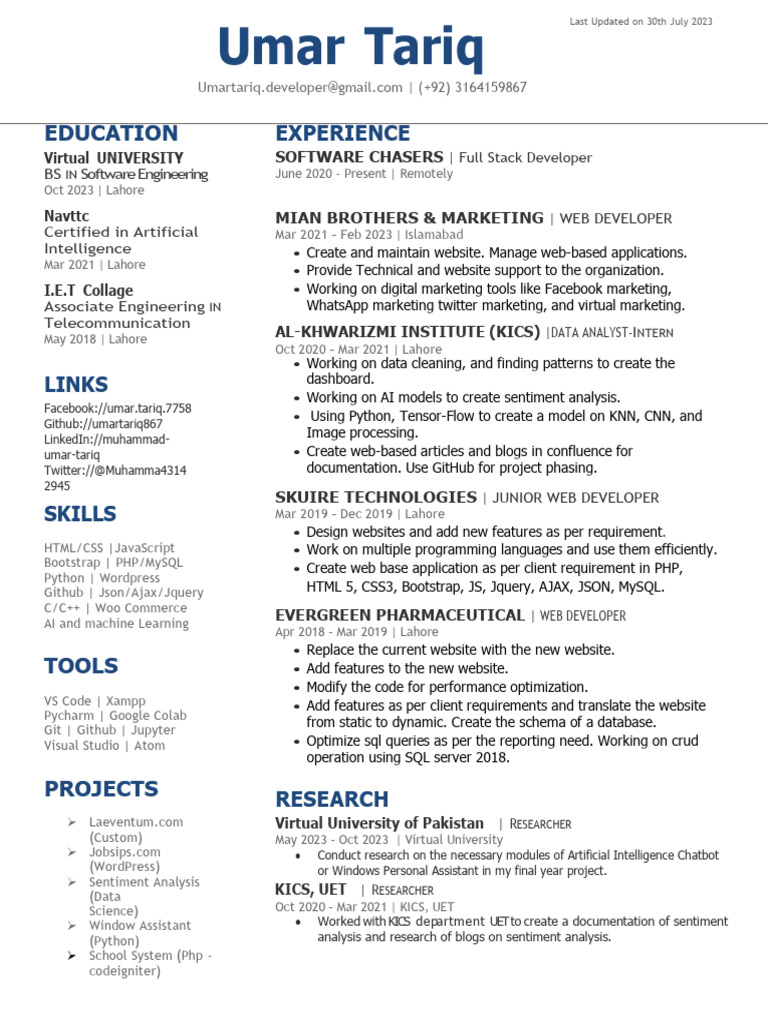 Umar Tariq Resume 2023 | Download Free PDF | Websites | World Wide Web