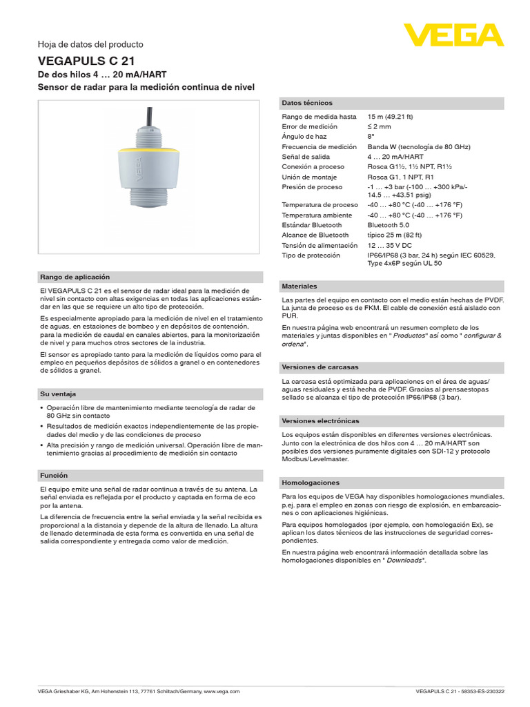 Vegapuls-C-21 - Datasheet | PDF | Aplicación movil | Medición