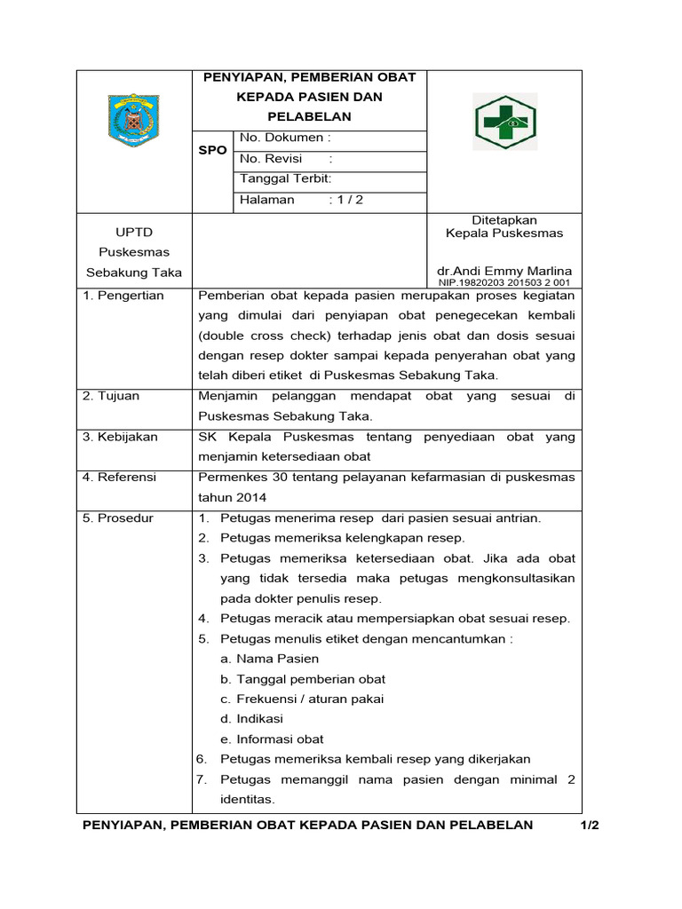 2 Sop Penyiapan, Pemberian Dan Pelabelan | PDF | Kesehatan Holistik | Sains & Matematika
