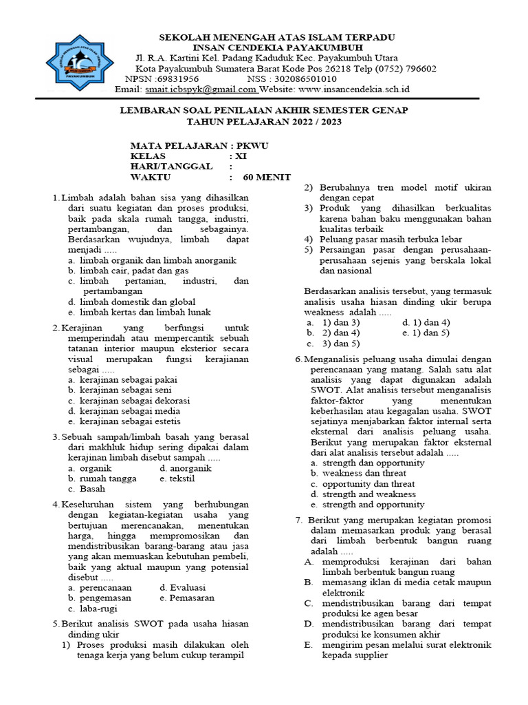 Naskah Soal Pas Pkwu Xi 2023 | PDF