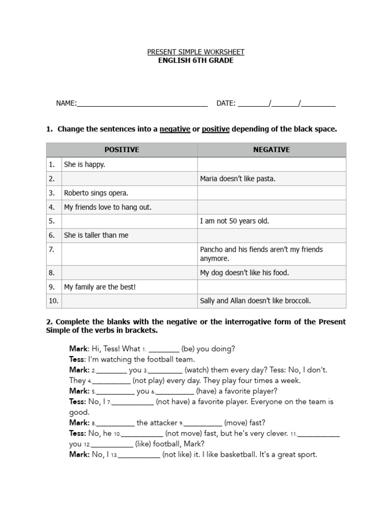Present Simple Worksheet for 6th Grade | PDF | Linguistic Morphology ...