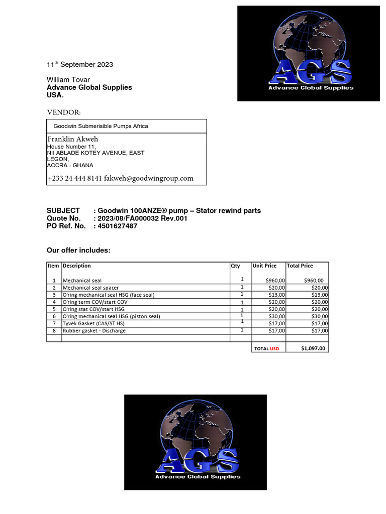 Goodwin Ghana Quote 2023-09-FA000033 AGS 100mm ANZE Spares | PDF ...