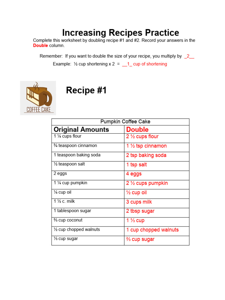 Doubling and Halving Recipe Worksheet | PDF | Teaspoon | Cakes