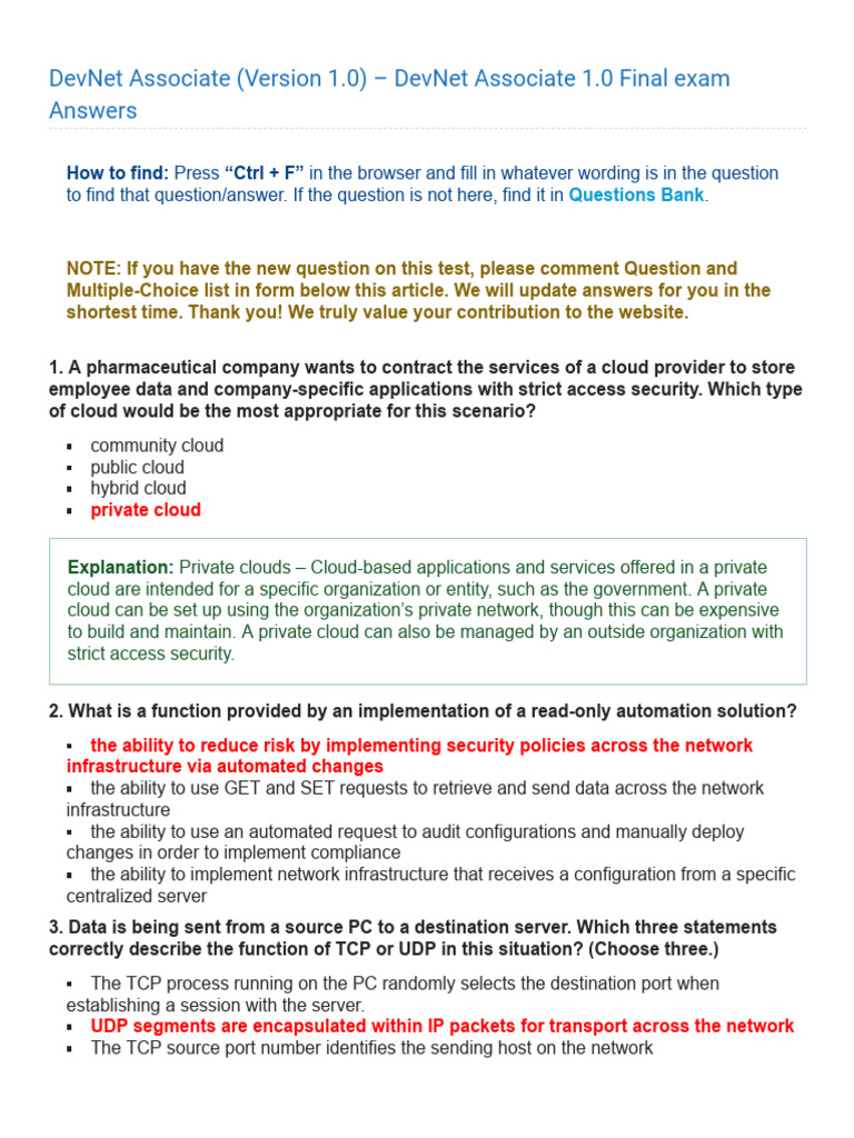DevNet Associate Exam Answers | PDF | Port (Computer Networking) | Internet Protocol Suite