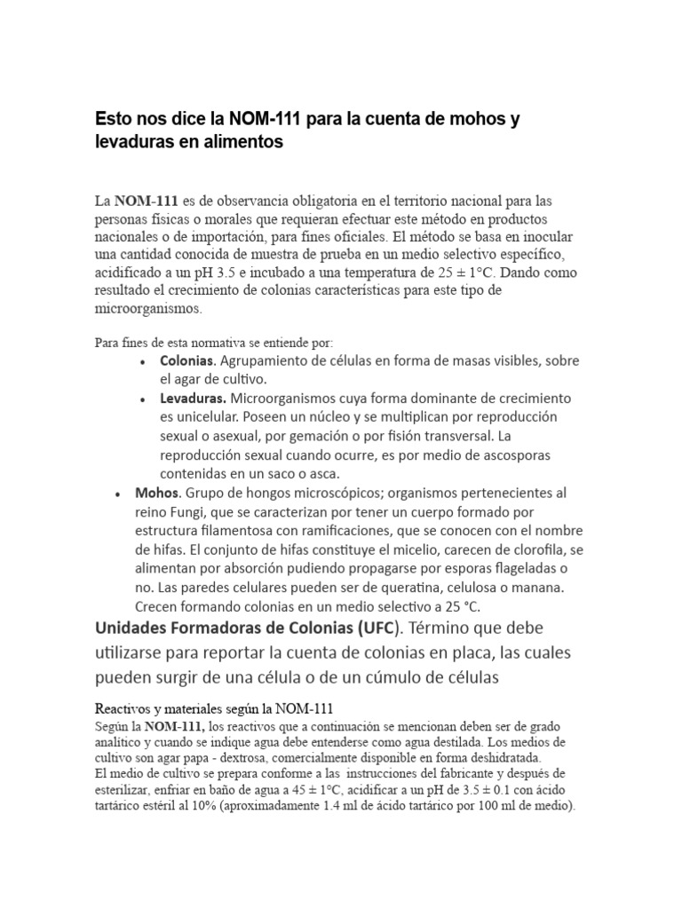 Esto Nos Dice La NOM-111 para La Cuenta de Mohos y Levaduras en Alimentos | PDF | Hongo | Organismos