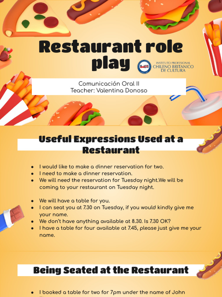 Restaurant Role Play | PDF | Menu | Meal