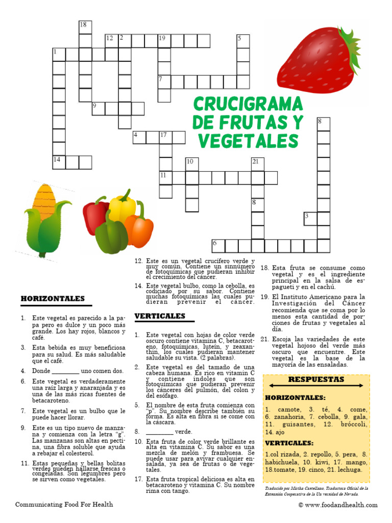 Crucigrama de Frutas y Verduras | PDF | Vegetales | Nutrición