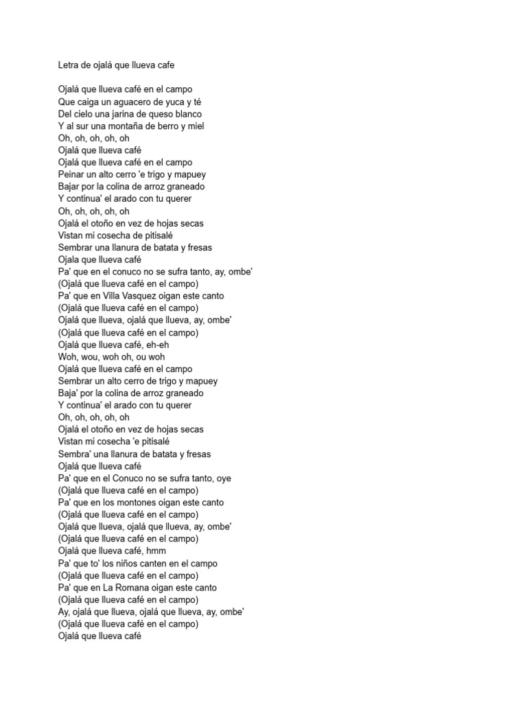 Letra de Ojalá Que Llueva Cafe | PDF