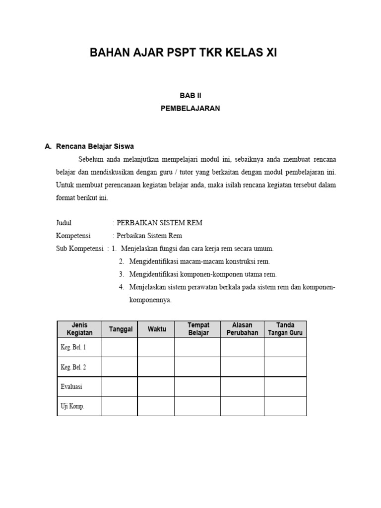 Bahan Ajar PSPT TKR Kelas Xi | PDF