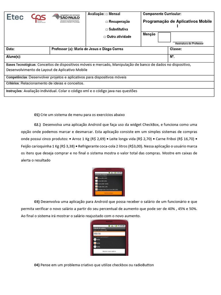 Lista de Exercícos RadioButton e CheckBox | PDF