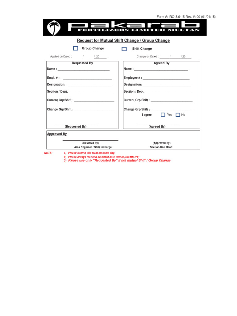 39 - Mutual Shift Change Form PFL | PDF