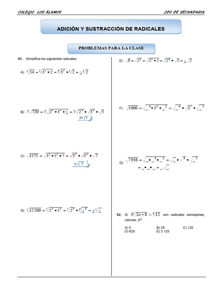 Simplificación y Operaciones con Radicales | PDF | Métodos y materiales ...