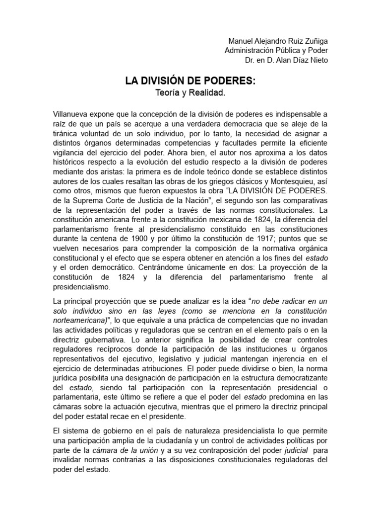 La División De Poderes Teoría Y Realidad Pdf Separación De Poderes