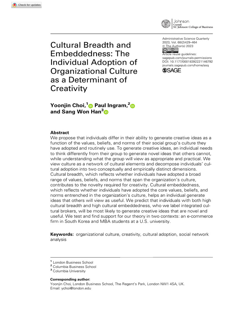 Choi Et Al 2023 Cultural Breadth And Embeddedness The Individual Adoption Of Organizational
