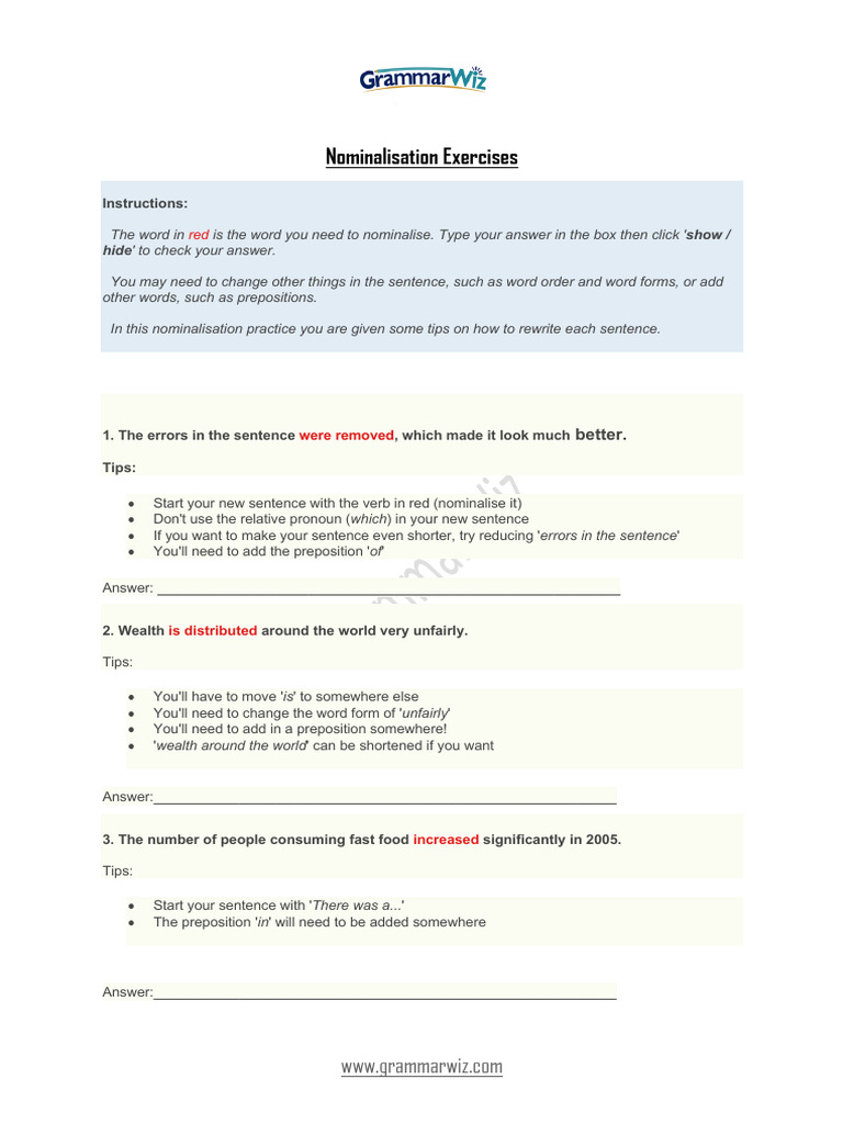 Nominalisation Exercises | PDF | Sentence (Linguistics) | Preposition ...