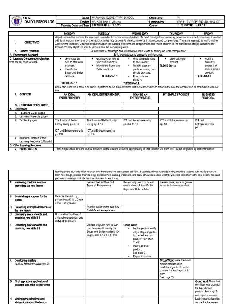 DLL - Epp 6 - Q1 - W3 | PDF | Educational Technology | Learning