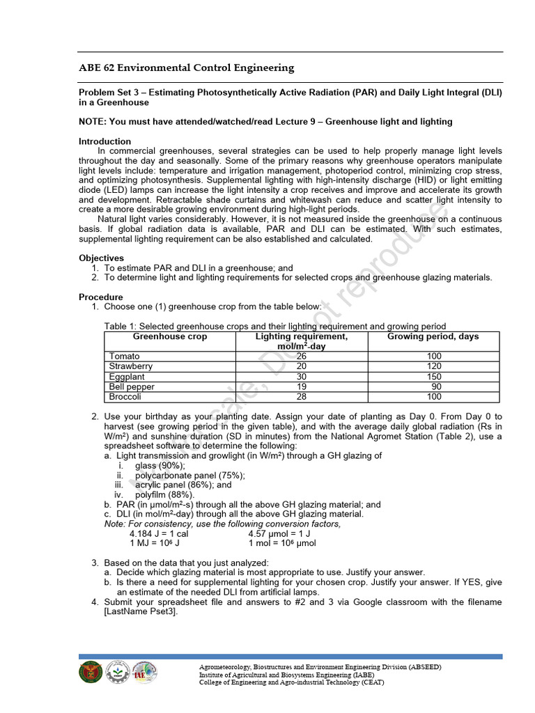 PSet 3 Estimating PAR and DLI in A GH | PDF | Greenhouse | Lighting PSet 3 Estimating PAR and DLI in A GH | PDF | Greenhouse | Lighting
