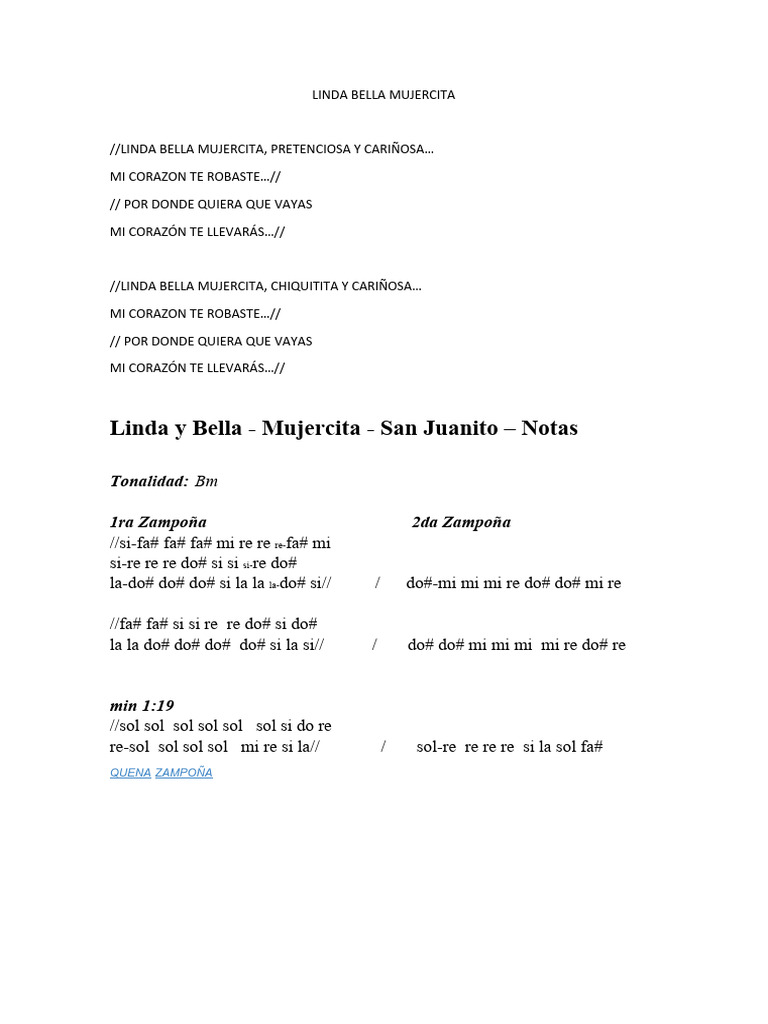Linda Bella Mujercita Letra San Juanito | PDF