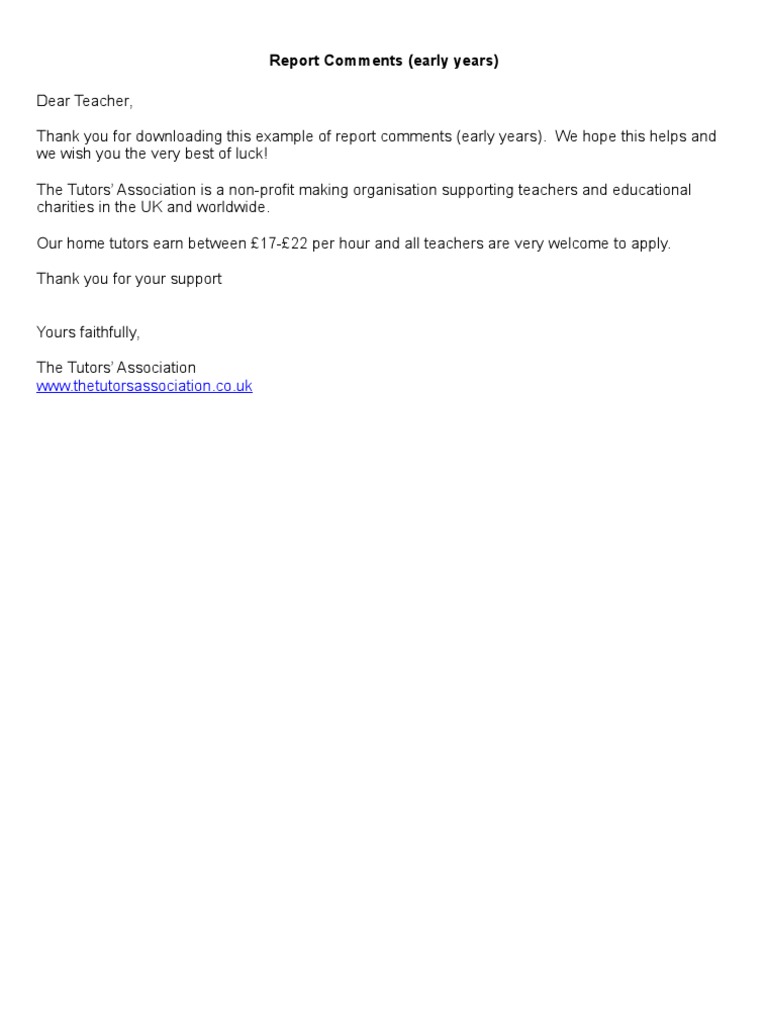 Report Comments (Early Years) | PDF | Shape | Writing