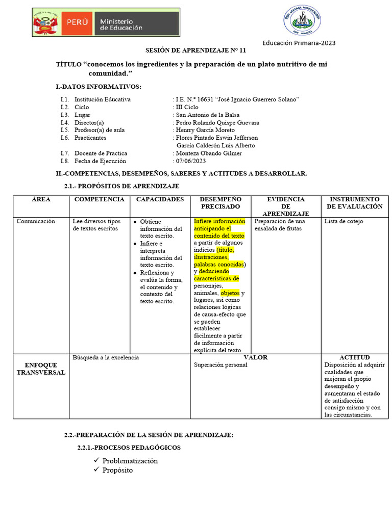 SESION DE APRENDIZAJE para Primer Grado de Comunicacion 2 | PDF | Evaluación | Aprendizaje