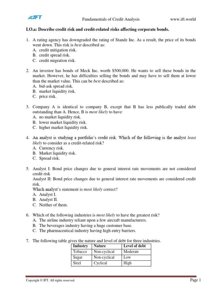 R56 Fundamentals Of Credit Analysis Q Bank PDF Bonds Finance