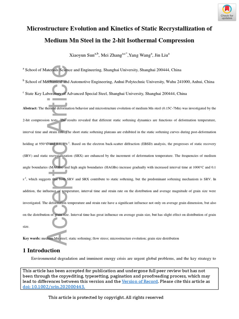 Microstructure Evolution And Kinetics Of Static Recrystallization Of Medium Mn Pdf