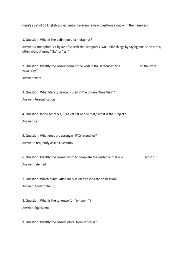 English Subject Entrance Exam Reviewer | PDF | Question | Verb